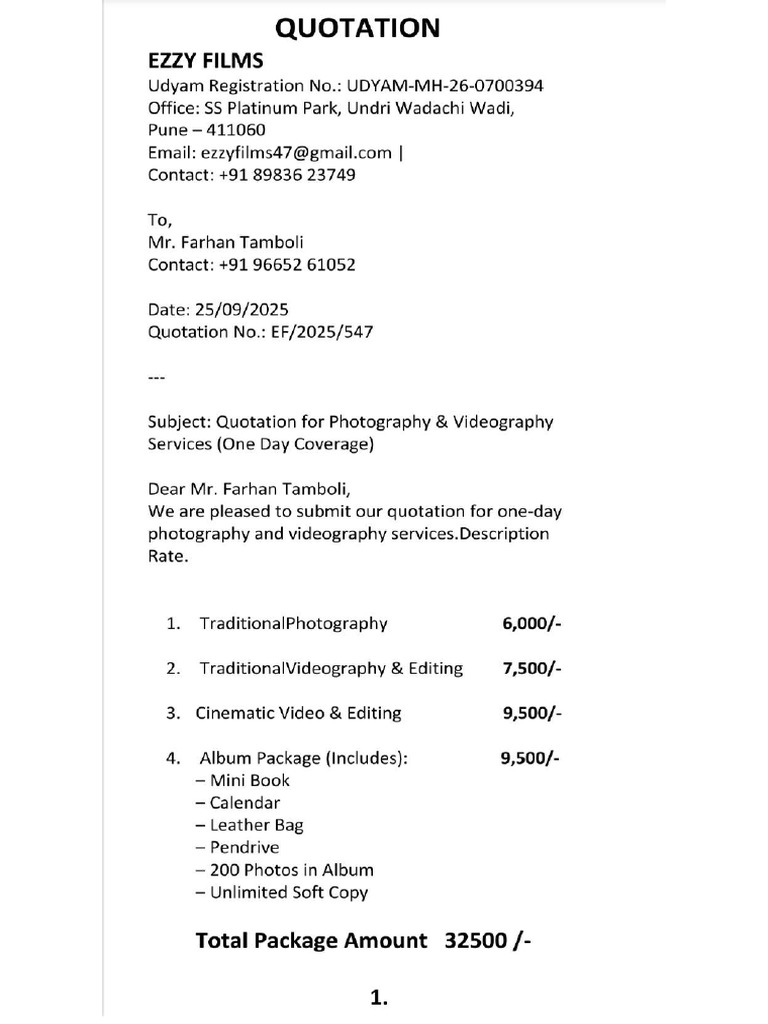 QUOTATION For Mr. Farhan Tamboli | PDF