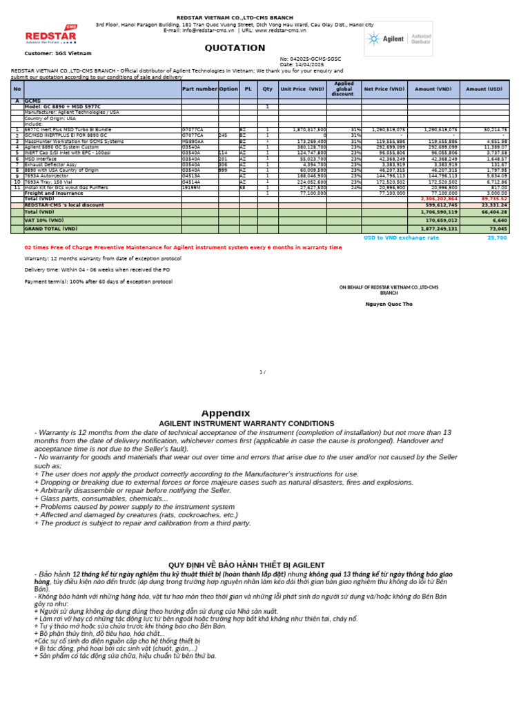 Quotation Agilent GCMS - 14042025-SGSC | PDF
