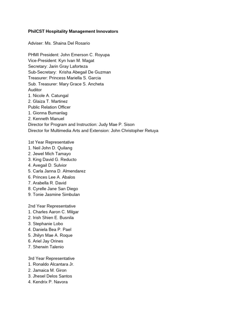PhilCST Hospitality Management Team | PDF