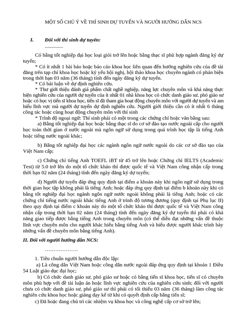 Một Số Chú ý Về Thí Sinh Dự Tuyển Và Người Hướng Dẫn Ncs | PDF