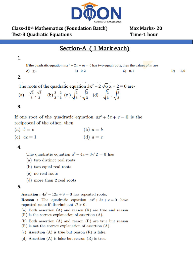 Class 10 Math Test on Quadratic Equations | PDF