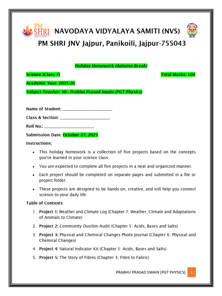 Class 7 Science Holiday Homework Guide | PDF | Fibers | Chemical Substances