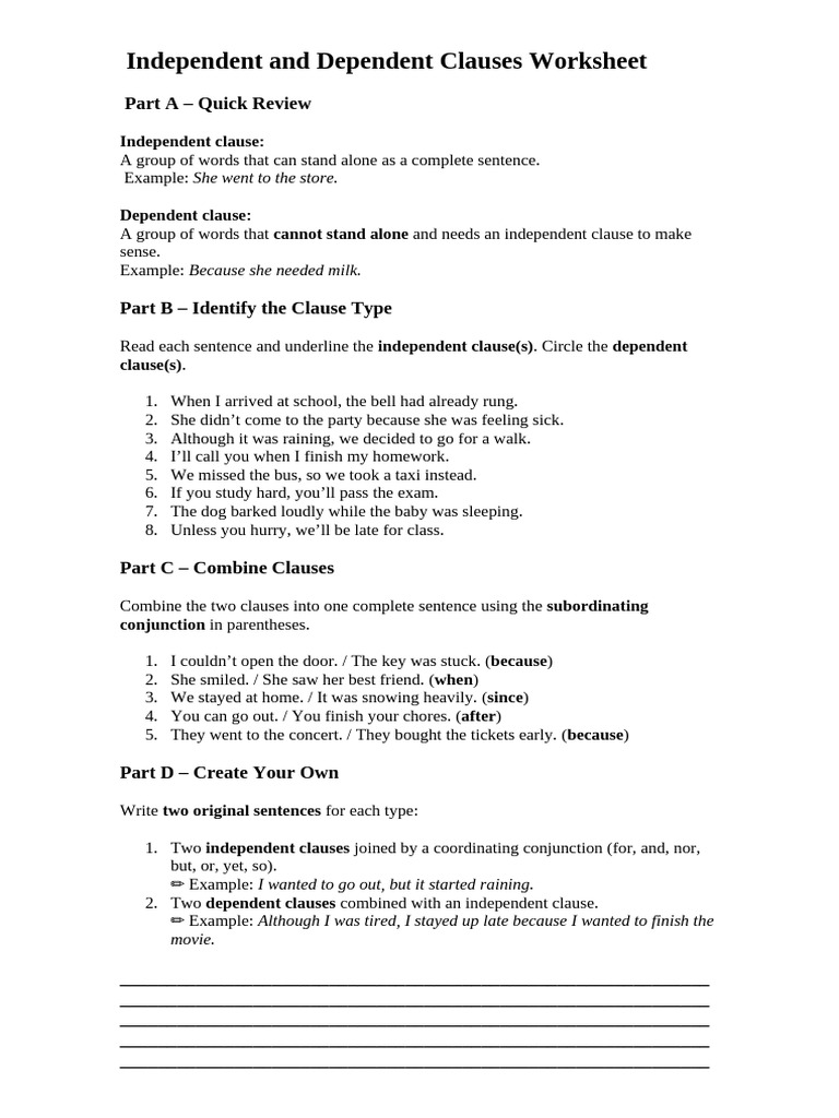 Independent vs. Dependent Clauses Worksheet | PDF | Clause