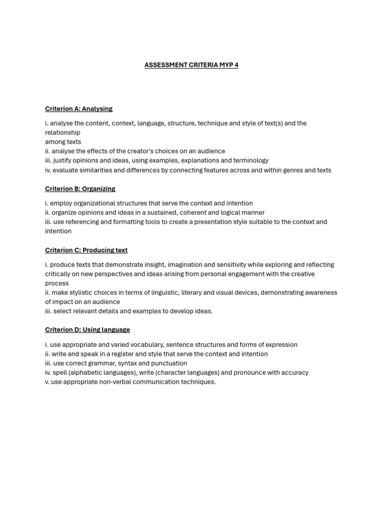 Assessment Criteria Myp 4 For Students | PDF