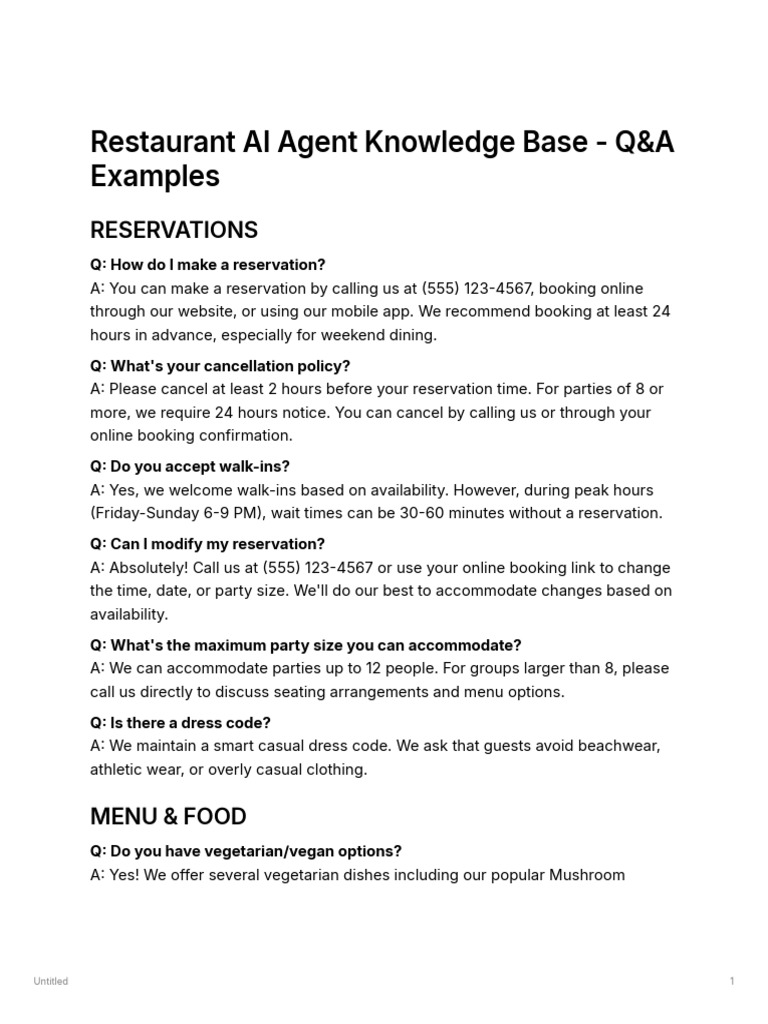 Restaurant AI Agent Q&A Guide | PDF | Menu | Restaurants