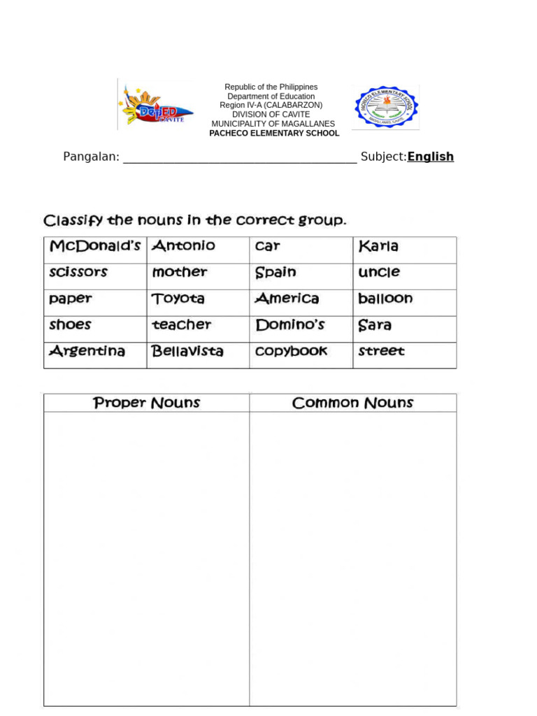 Proper and Common Nouns Worksheet | PDF