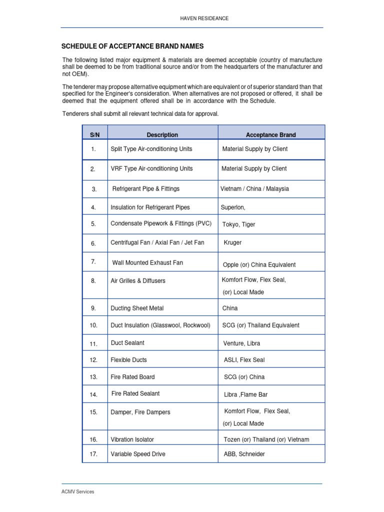 ACMV Equipment Acceptance Brands List | PDF | Duct (Flow) | Mechanical ...