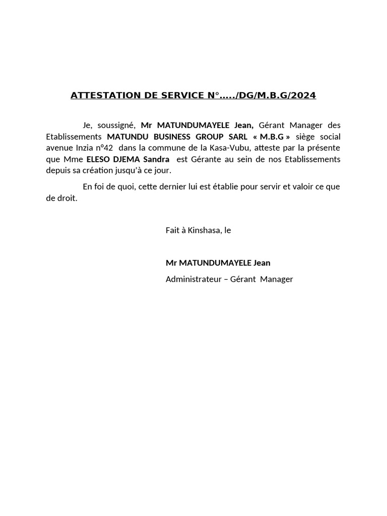 Attestations de Service et Congé M.B.G | PDF