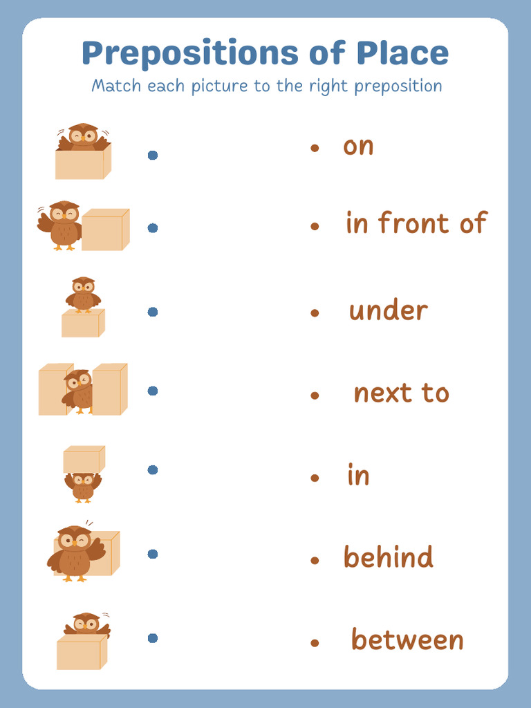 Light Blue Brown Cute Illustration Prepositions of Place Owl Matching ...