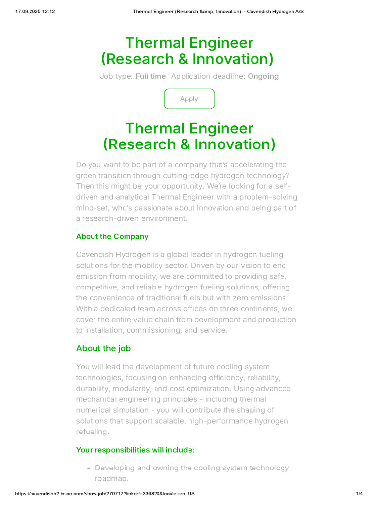 Thermal Engineer (Research & Innovation) - Cavendish Hydrogen A - S ...