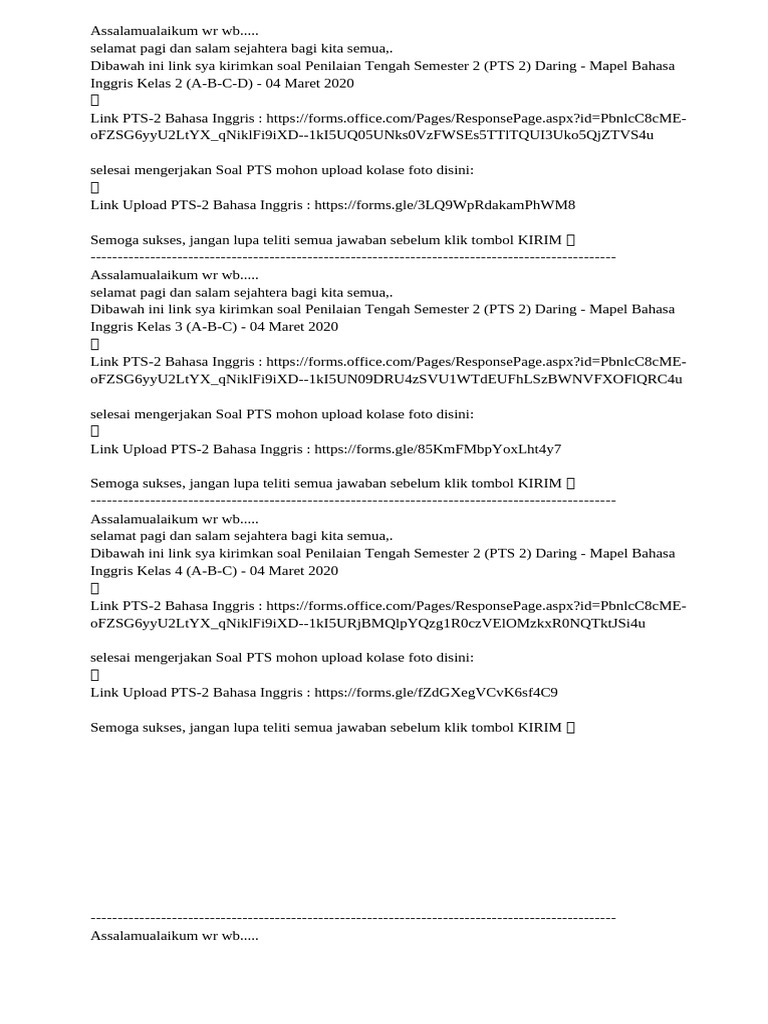 Soal PTS 2 Daring Bahasa Inggris Kelas 2-6 | PDF