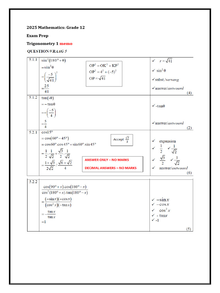 Exam Prep Trig 1 Worksheet Memo | PDF