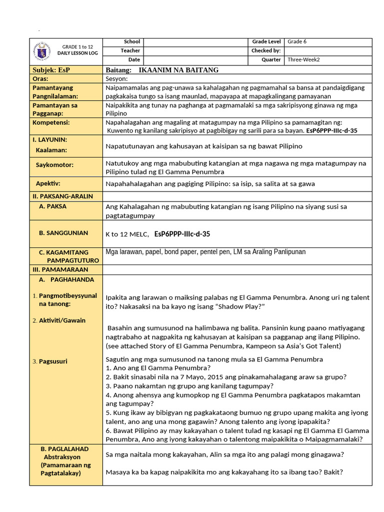 NegOr EsP6 Lesson Plan Q3 W2 | PDF