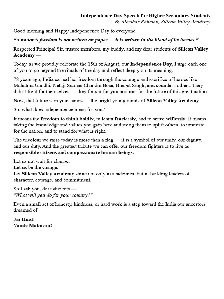 Independence Day Speech for Students | PDF