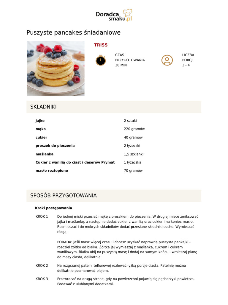 Pobierz Przepis PDF Puszyste Pancakes Sniadaniowe 336458 | PDF