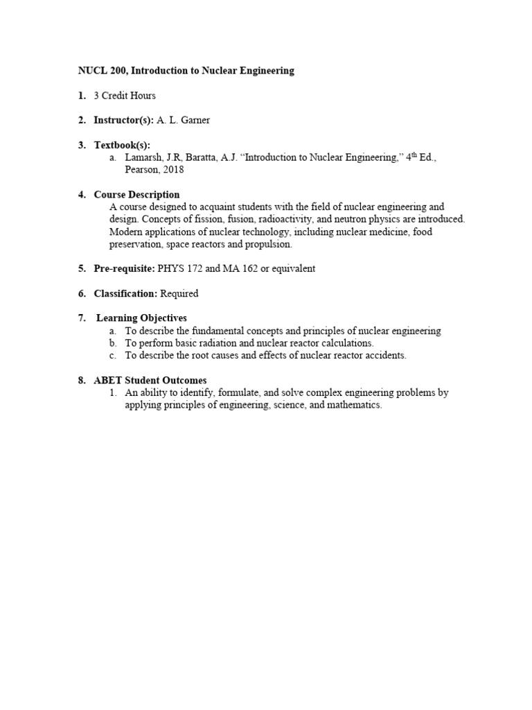 Introduction to Nuclear Engineering Course | PDF