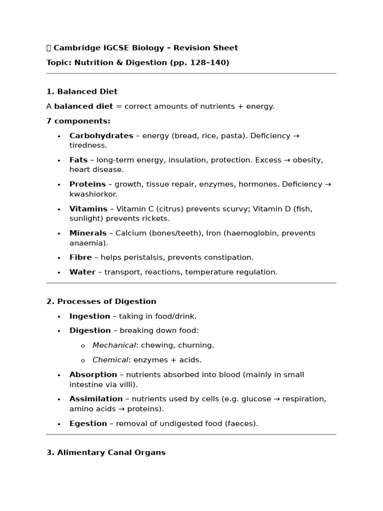 Revision - Sheet. Unit On Human Nutrition.? Cambridge IGCSE Biology ...