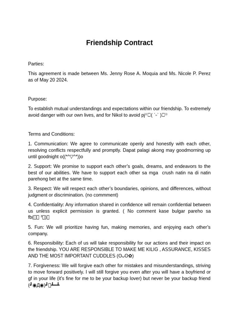 Friendship Contract Agreement Template | PDF
