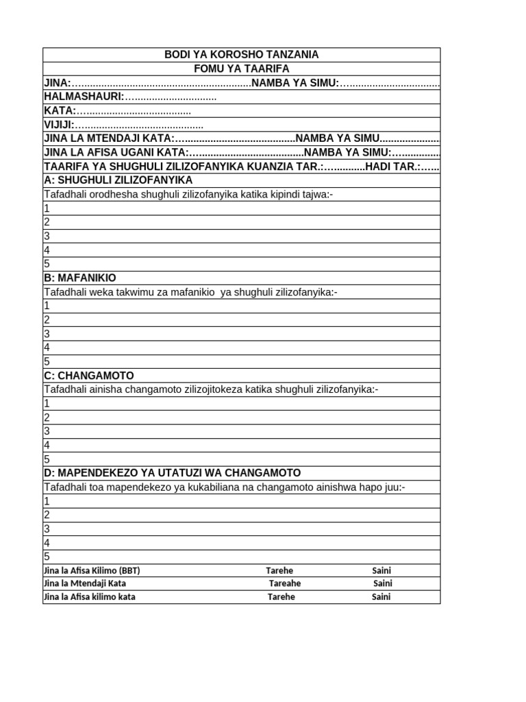 Fomu Ya Taarifa BBT 2025 | PDF