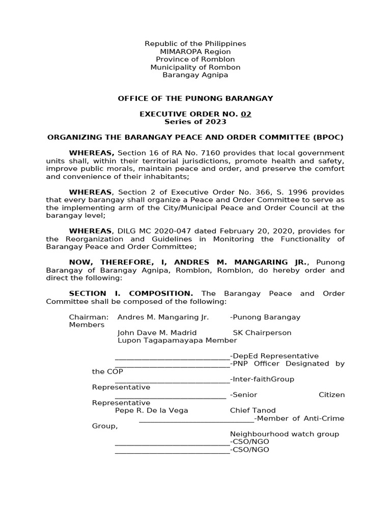 EO Barangay Peace and Order Committee | PDF