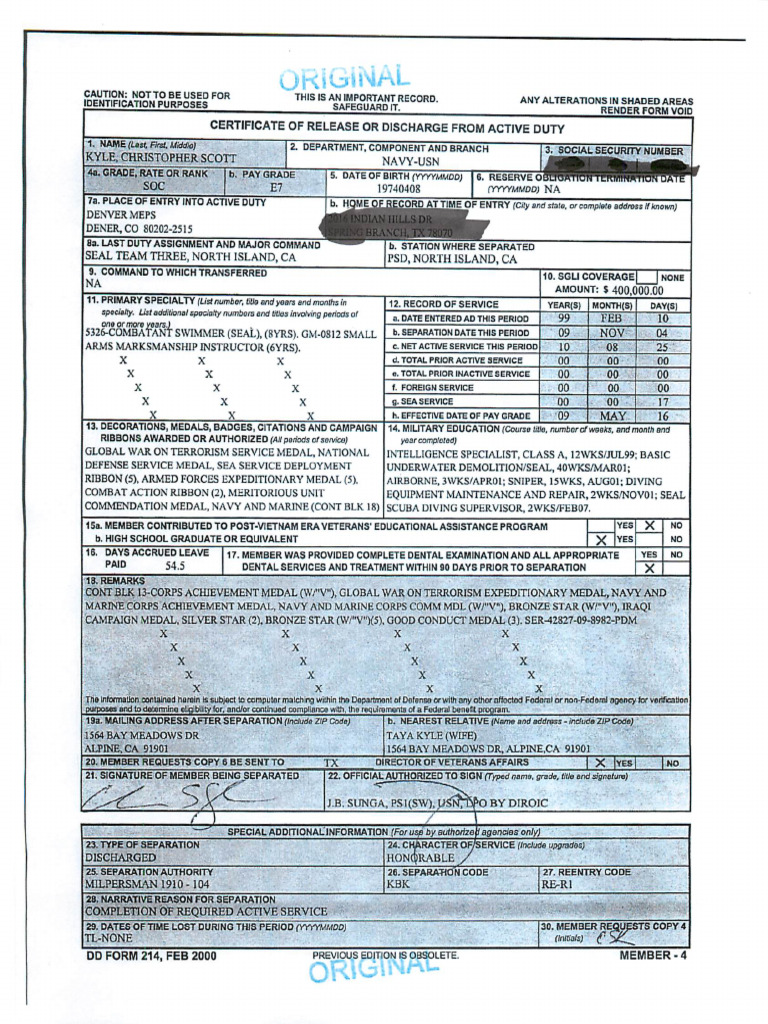Chris Kyle DD214 | PDF
