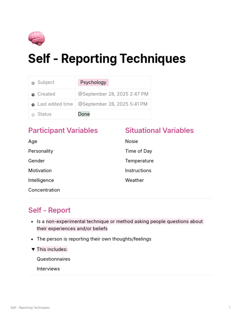 Psychology Self Reporting Techniques Lesson Notes | PDF