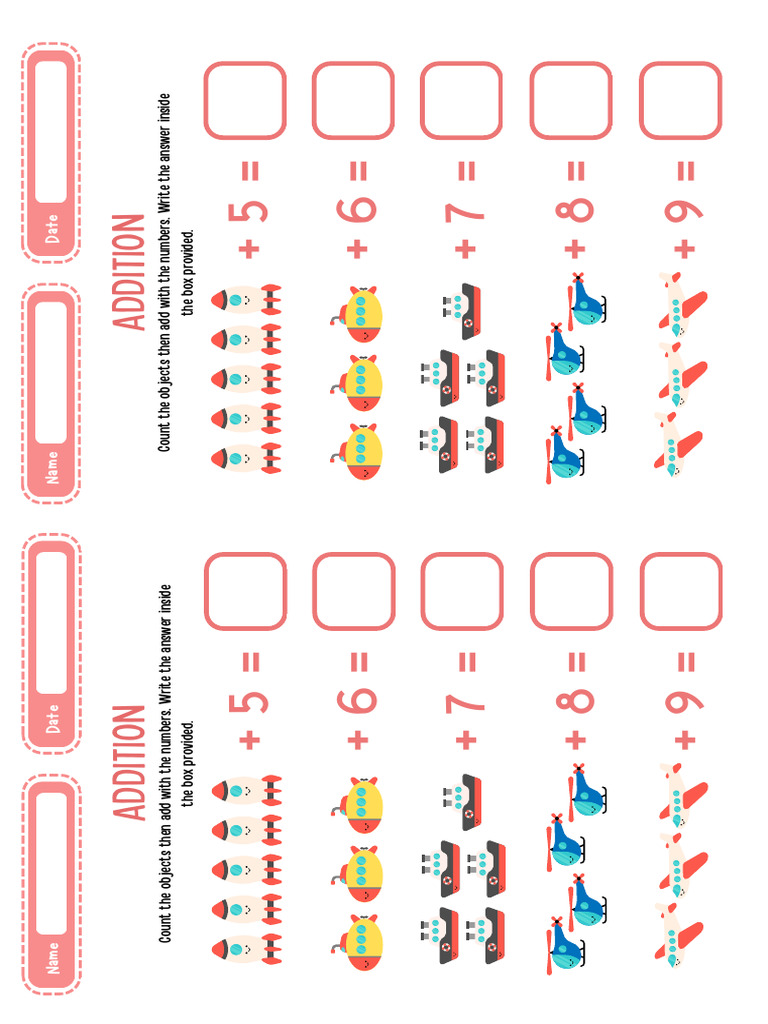Colorful Illustration Object Addition Worksheet | PDF