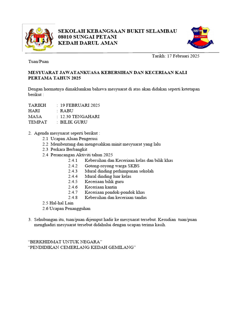 Surat Panggilan Mesy JK Kebersihan Dan Keeriaan 2025 | PDF