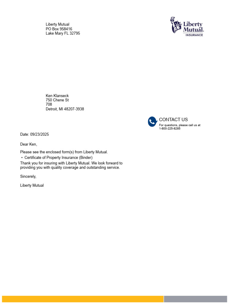 Liberty Mutual Property Insurance Binder | PDF | Insurance | Deductible