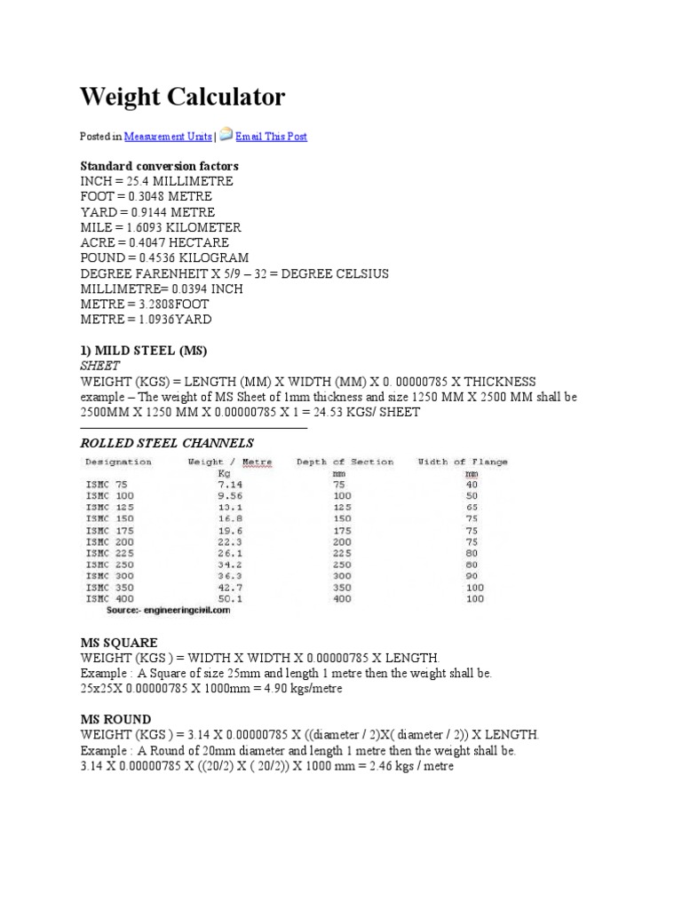 Metal Weight Calculation Formulas | PDF | Home & Garden
