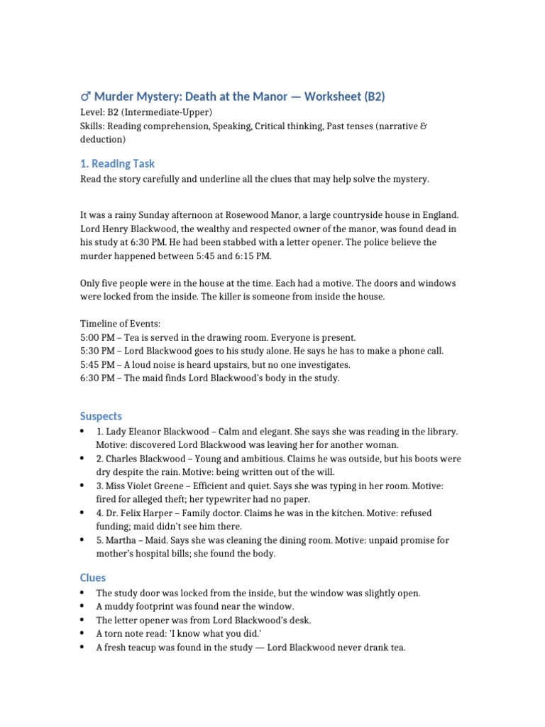Death - at - The - Manor - Worksheet Student | PDF