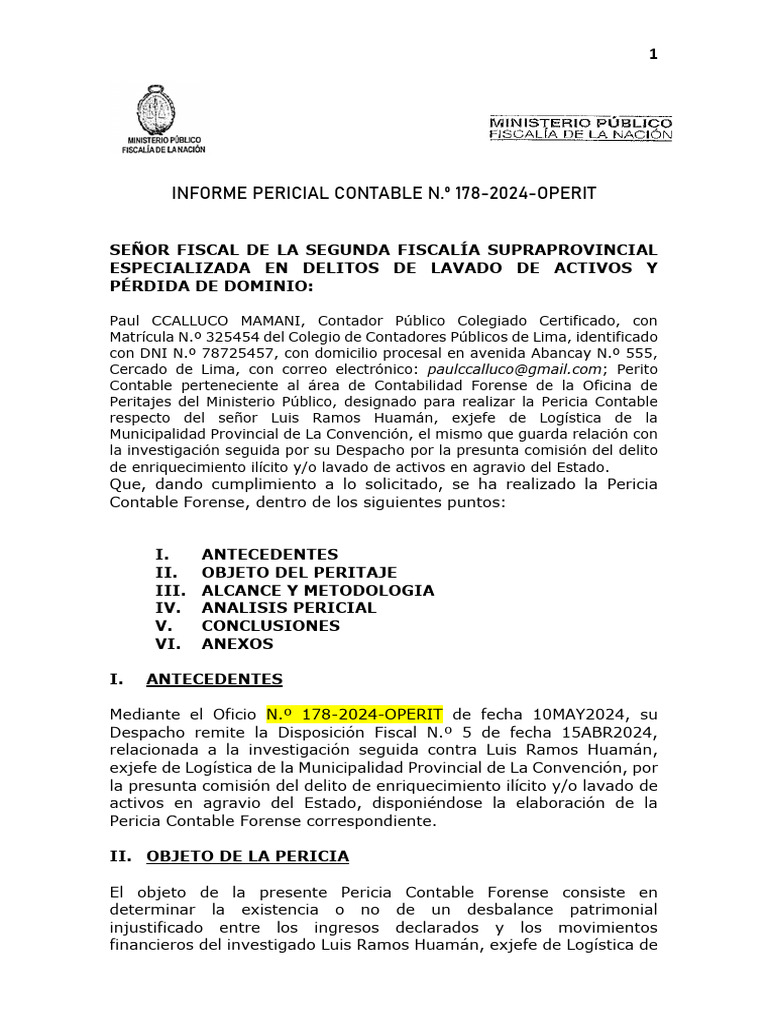 Pericia Contable sobre Luis Ramos Huamán | PDF | Contador | Contabilidad
