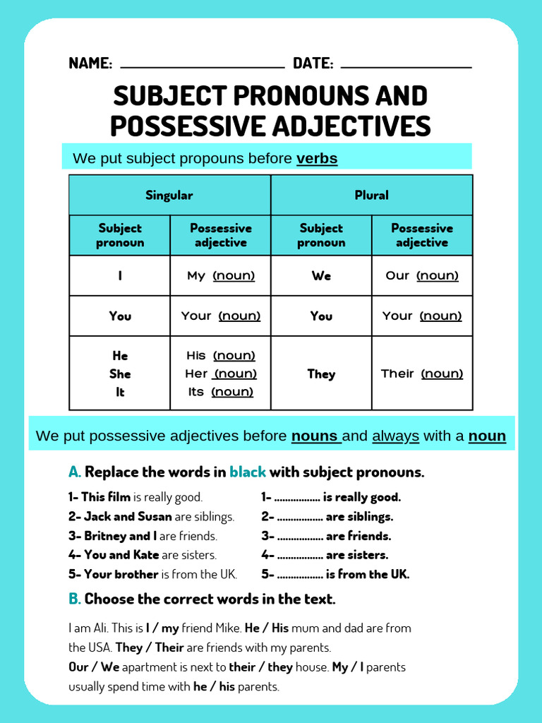 Subject Pronouns & Possessive Adjectives Guide | PDF