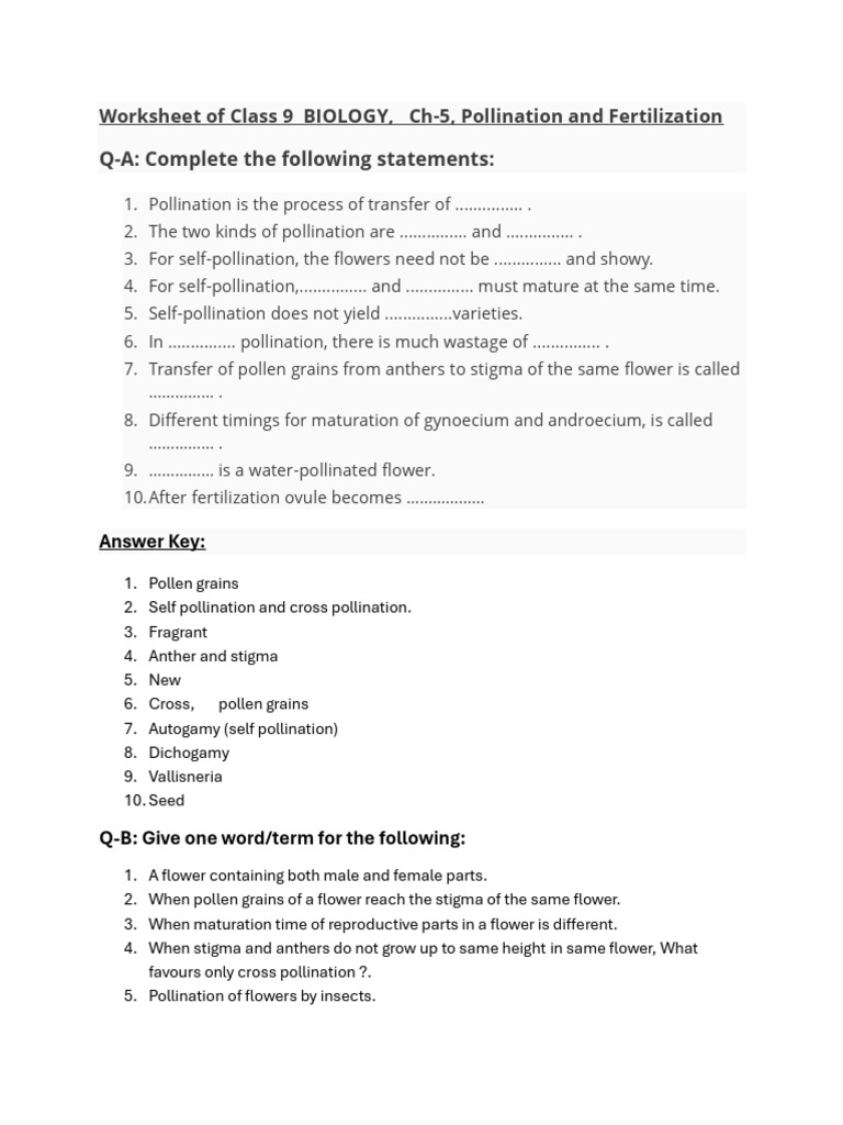 Class 9 Biology: Pollination & Fertilization Worksheet | PDF | Flowers ...