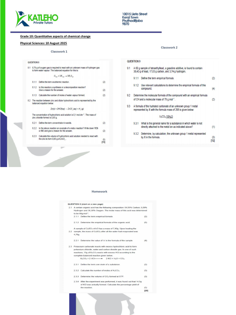 Quantitative Aspects of Chemical Change, 10 August 2025, Grade 10 ...