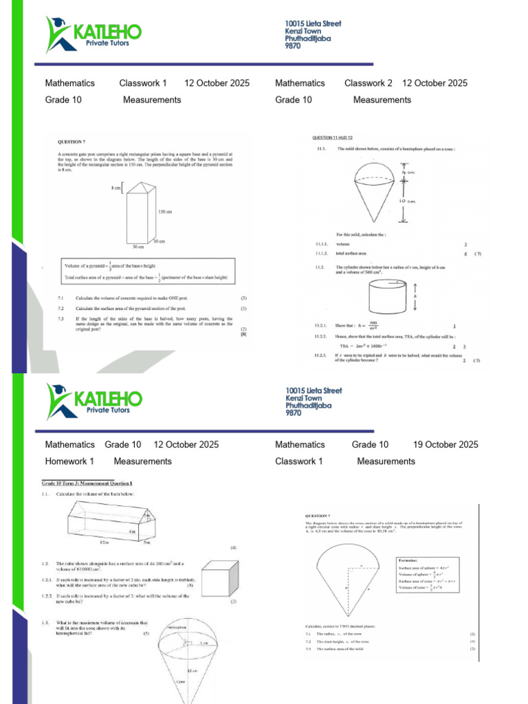 Grade 10 Mathematics Classwork & Homework | PDF