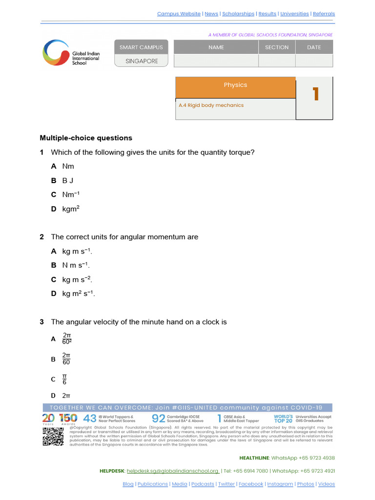 WS - IB Yr2 Physics 1 A.4 Rigid Body Mechanics | PDF | Rotation Around ...