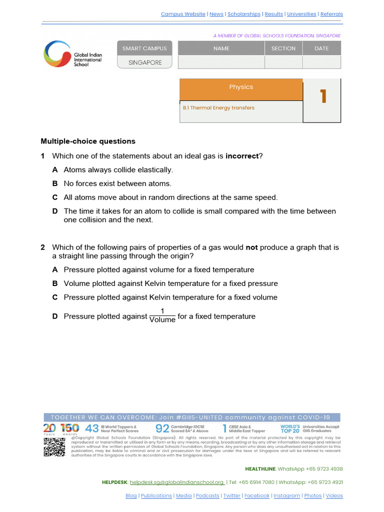 WS - IB Yr2 Physics 1 B.3 Gas Laws | PDF | Gases | Temperature