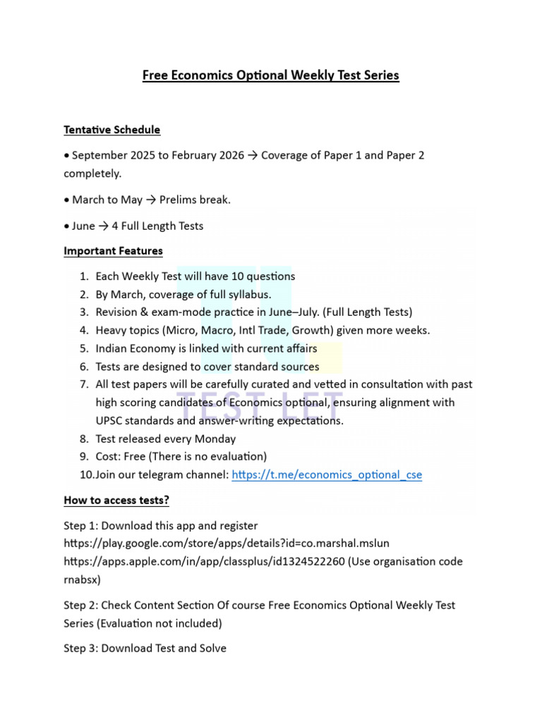 Free Economics Op Onal Weekly Test Series: Tenta Ve Schedule | PDF ...