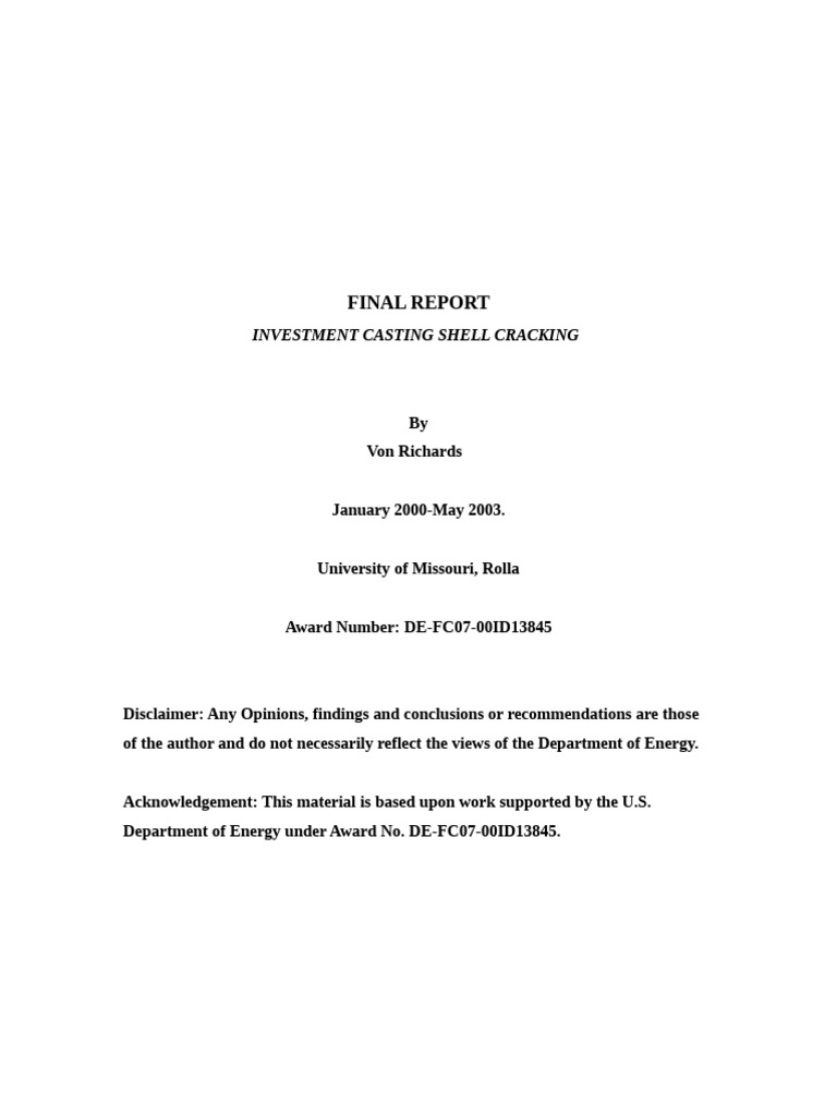 Investment Casting Shell Cracking Report | PDF | Fracture | Strength Of ...