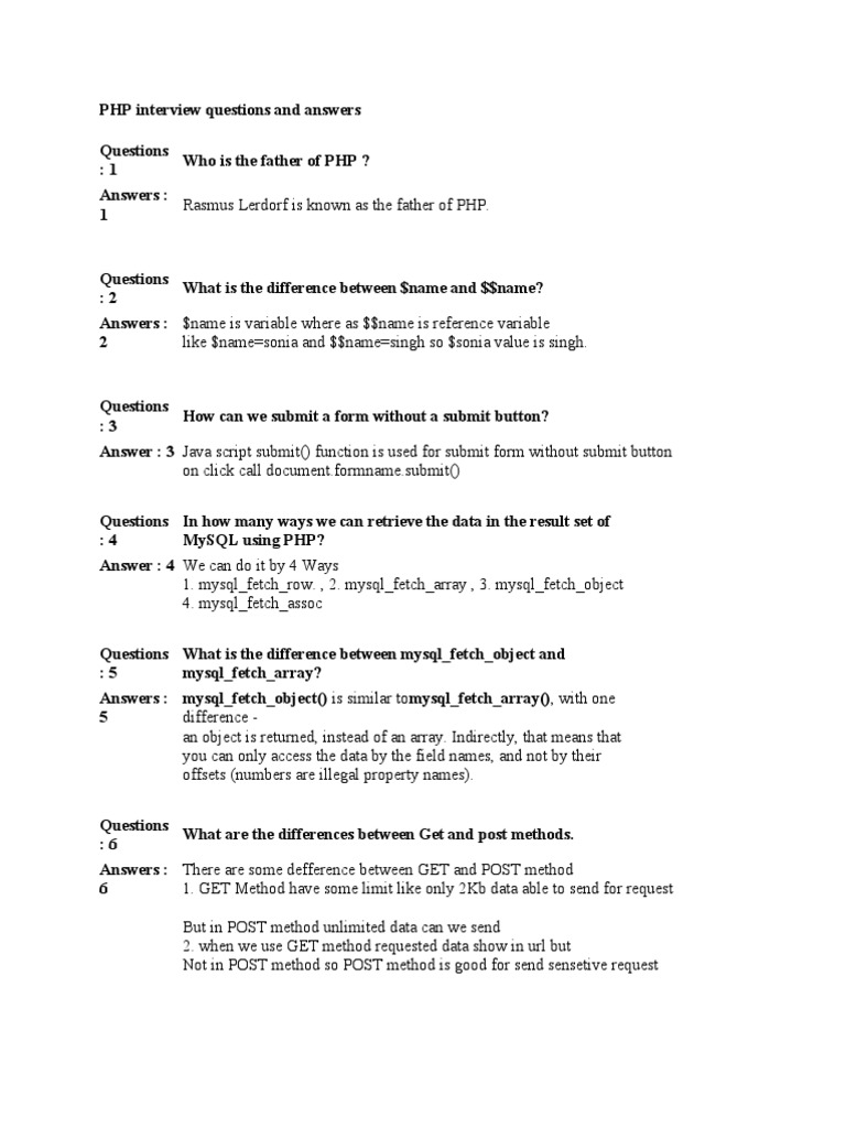 Php Interview Questions And Answers Pdf Class Computer Programming Php