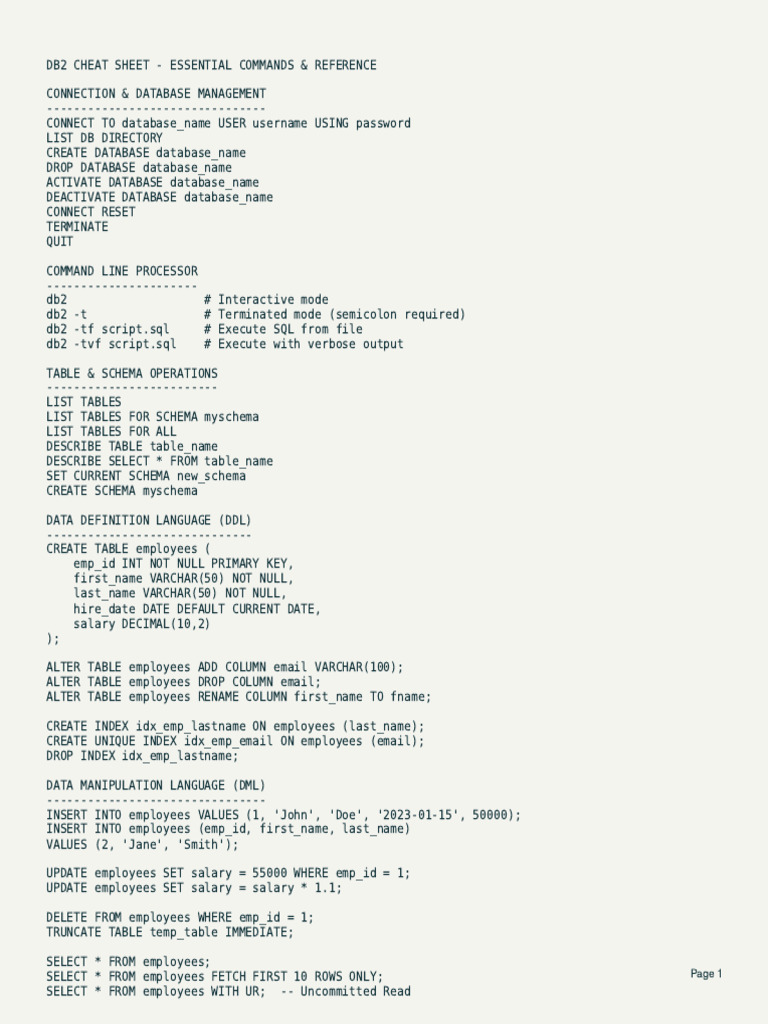 DB2 Cheat Sheet | PDF | Software Design | Databases