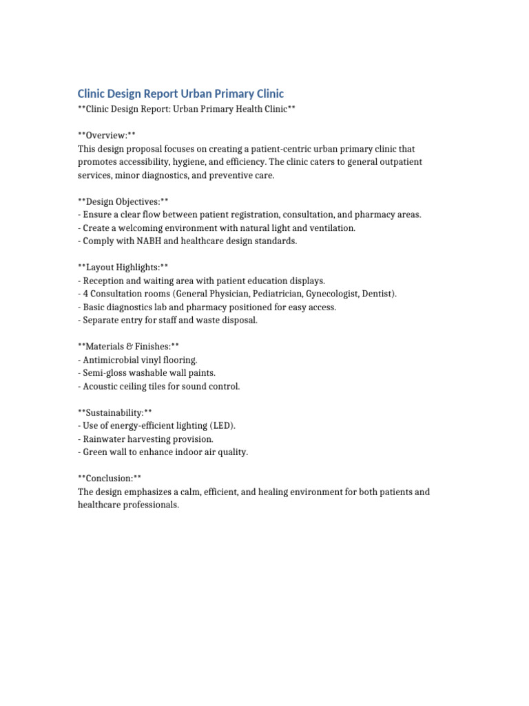 Urban Primary Clinic Design Proposal | PDF
