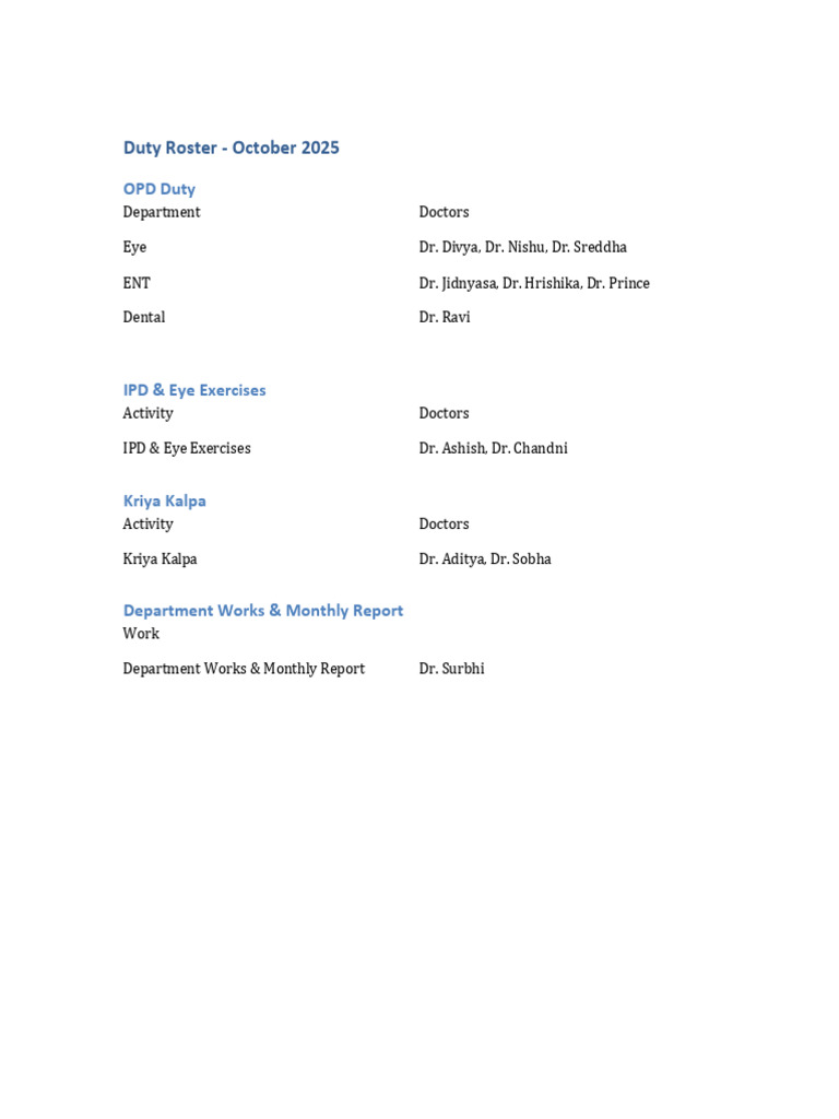 October 2025 Duty Roster for Doctors | PDF