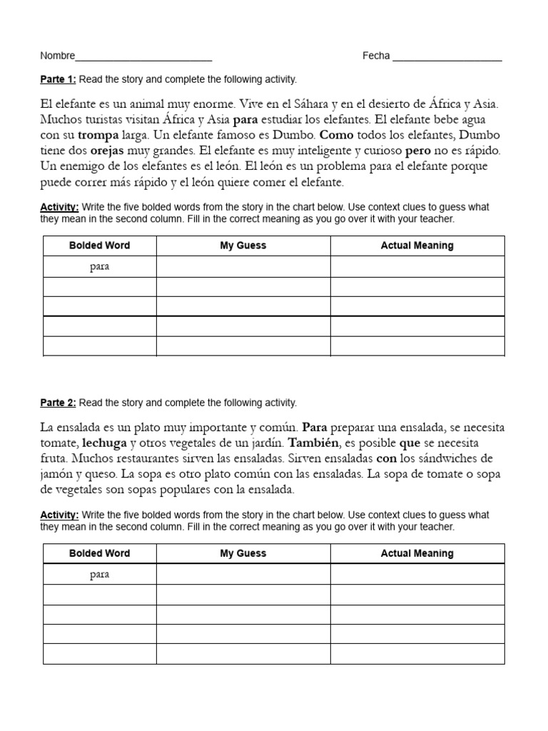 Spanish Cognate Reading Class - HW - Sp. 3 | PDF