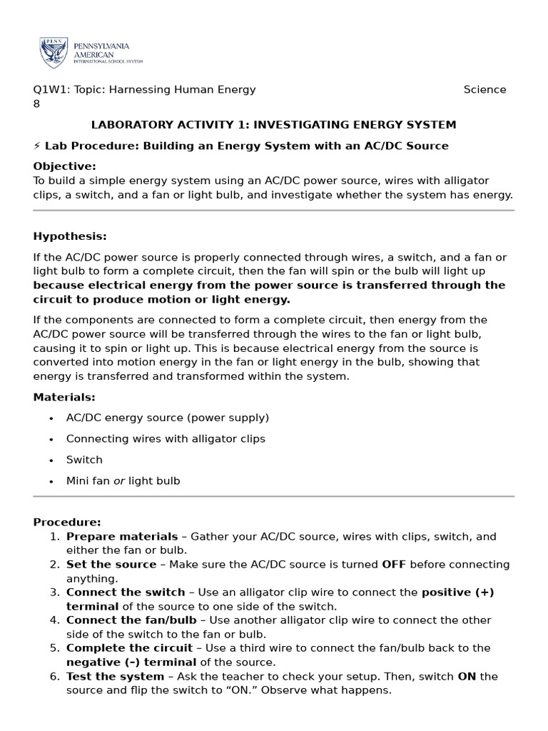 Q1W1 - Lab 1 - Investigating Energy System | PDF