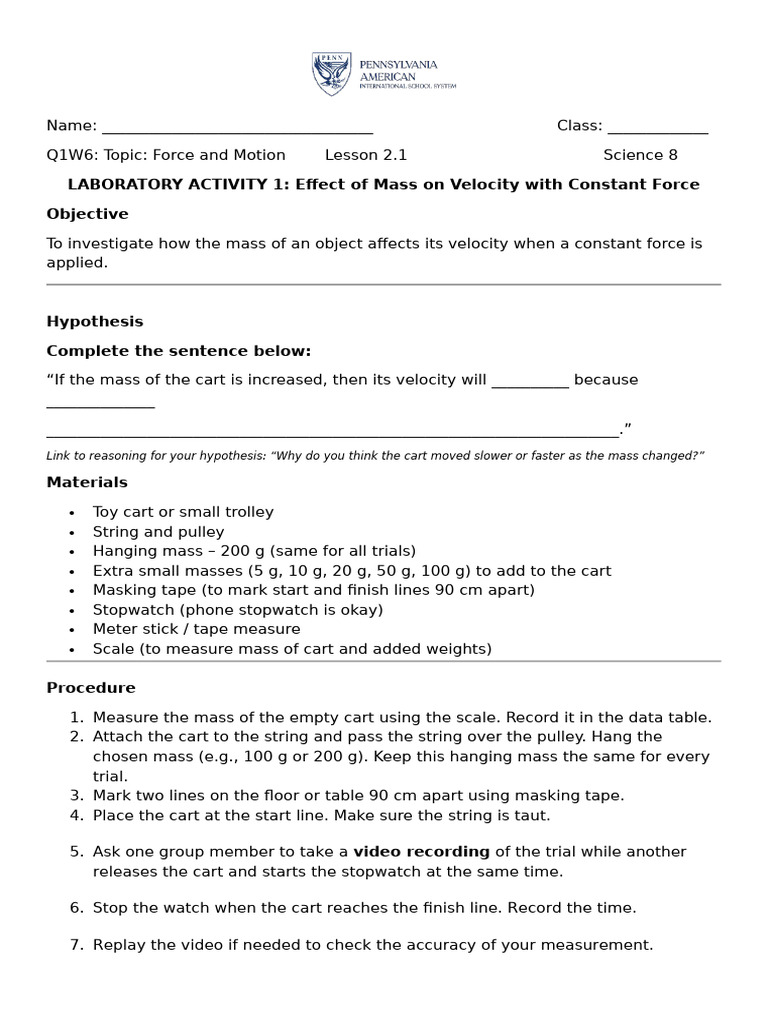 Q1W6 - Lab 2 - Exploring Mass, Force, and Velocity | PDF | Force | Mass