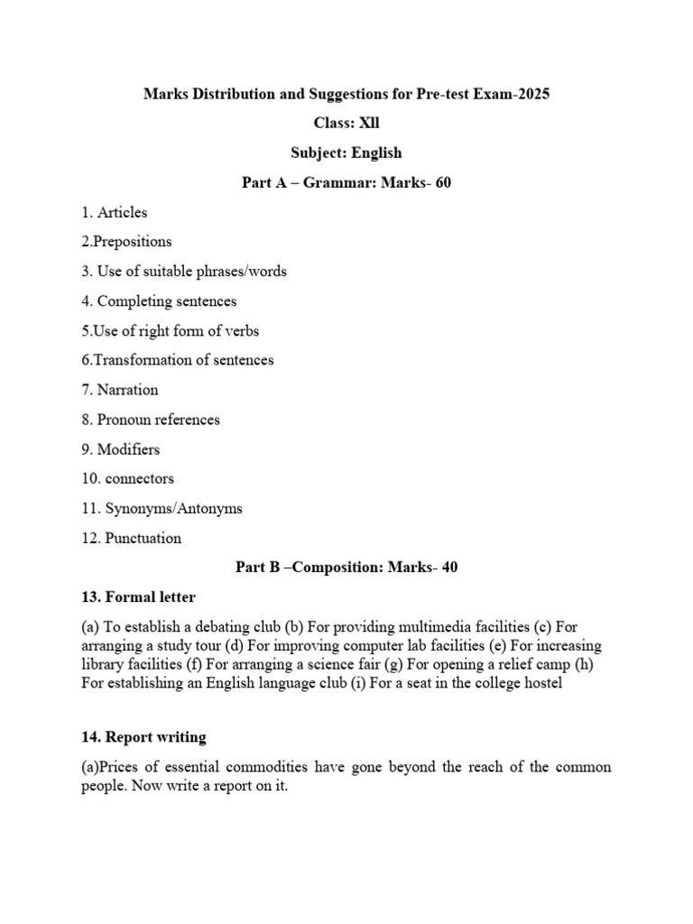 Pre-test Exam 2025: English Marks Guide | PDF