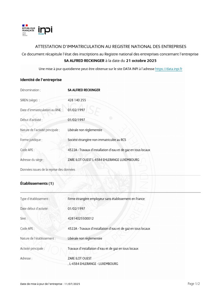 Immatriculation SA Alfred Reckinger 2025 | PDF