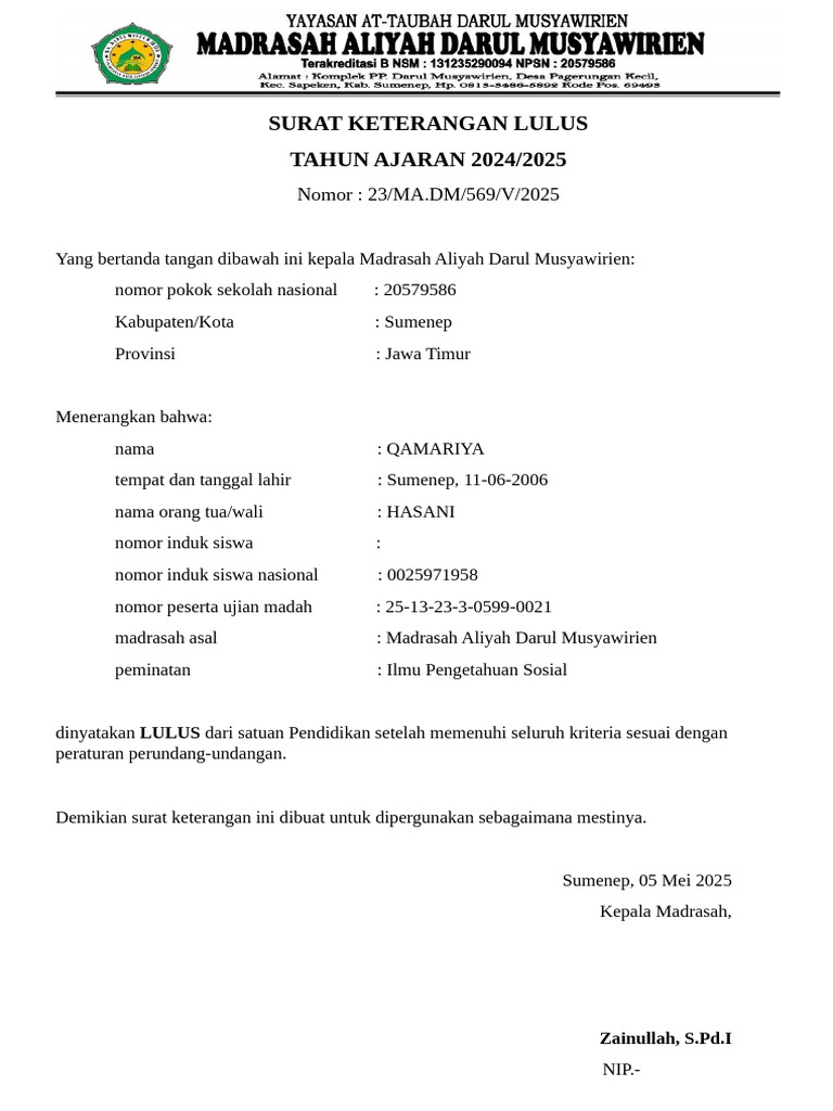 Surat Keterangan Lulus Madrasah 2025 | PDF